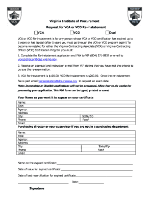 Fillable Online Virginia Institute of Procurement Request for VCA or ...