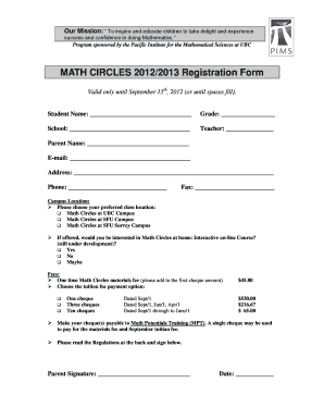 Fillable Online MATH CIRCLES 20122013 Registration Form Fax Email Print ...
