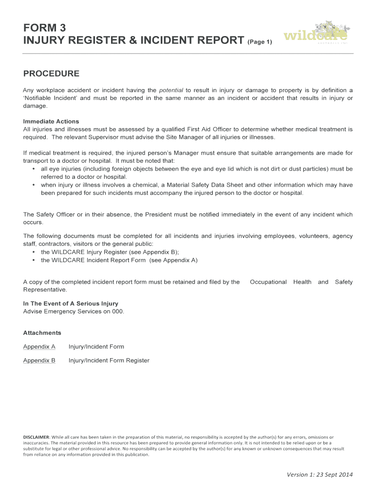 Fillable Online BFORMb 3 INJURY REGISTER amp bINCIDENTb REPORT Page 1 ...