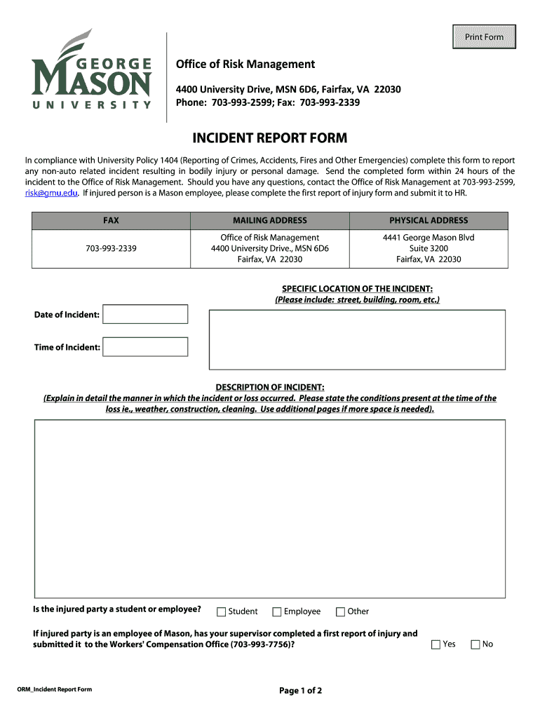 Fillable Online risk gmu Bincidentb report bformb - Office of Risk ...