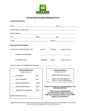Fillable Online tlekc Animal Sponsorship Request Form - TLE - tlekc Fax ...