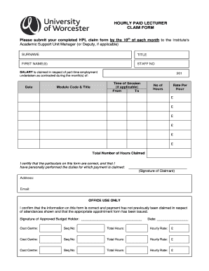 Fillable Online worc ac HOURLY PAID LECTURER CLAIM FORM - Worc - worc ...