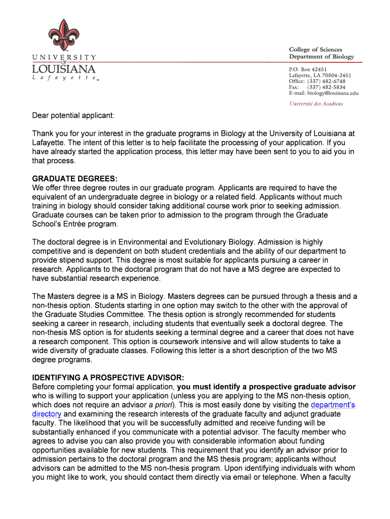 Fillable Online biology louisiana Dear potential applicant ...