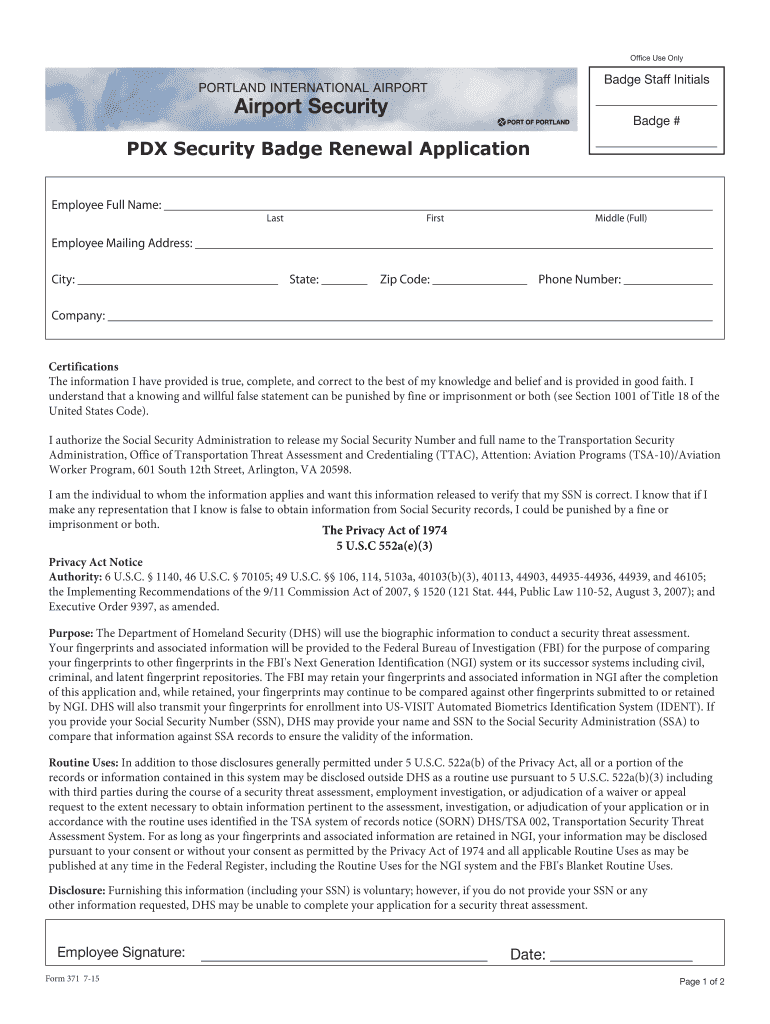Fillable Online PDX Security Badge Renewal Application - Port of ...