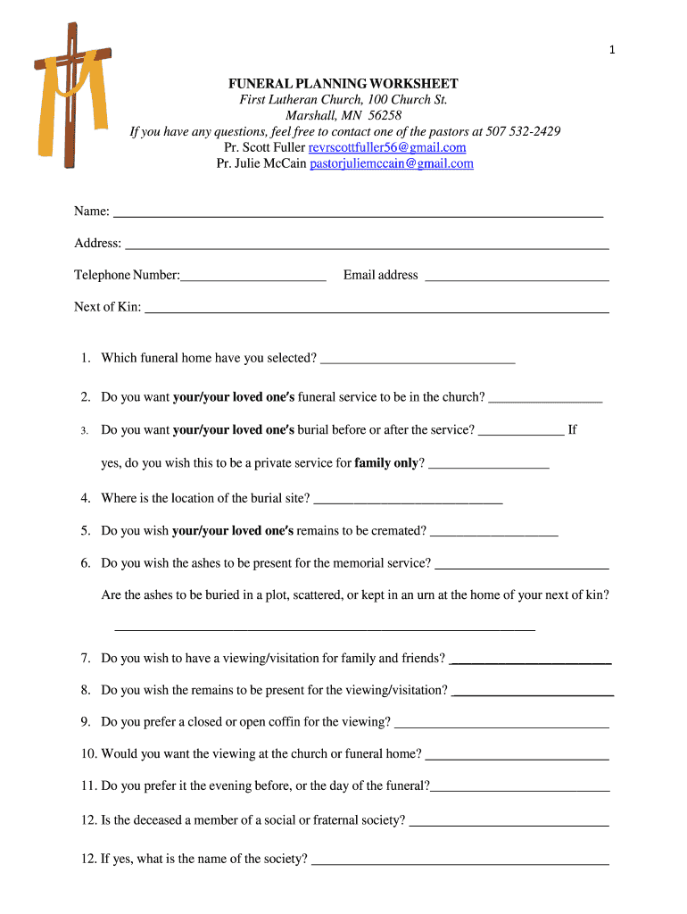 Fillable Online 1stlutheran FUNERAL PLANNING WORKSHEET.doc Fax Email ...