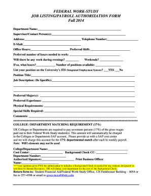 Fillable Online uky FEDERAL WORK-STUDY JOB LISTINGPAYROLL AUTHORIZATION ...