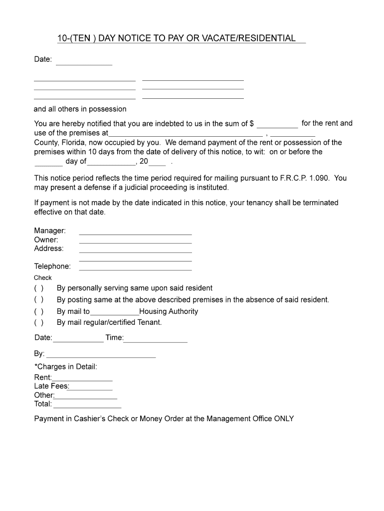 Fillable Online 10-TEN DAY NOTICE TO PAY OR VACATERESIDENTIAL Fax Email ...