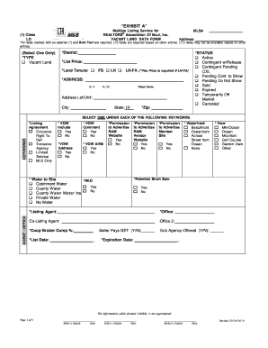 Fillable Online EXHIBIT A MLS 1 Class REALTORS LD VACANT LAND DATA FORM ...