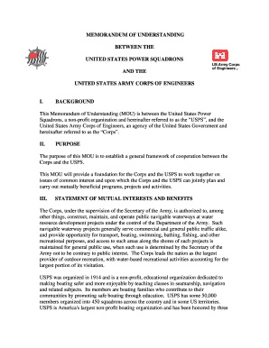 Fillable Online corpslakes usace army MEMORANDUM OF UNDERSTANDING ...