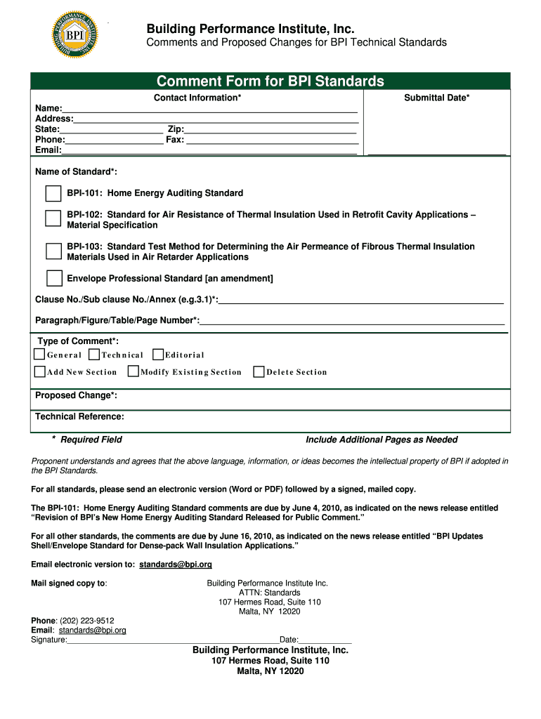 Fillable Online bpi Comment Form for BPI Standards Fax Email Print ...