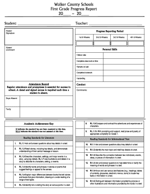 Fillable Online Walker County Schools First Grade Progress Report 20 20 ...
