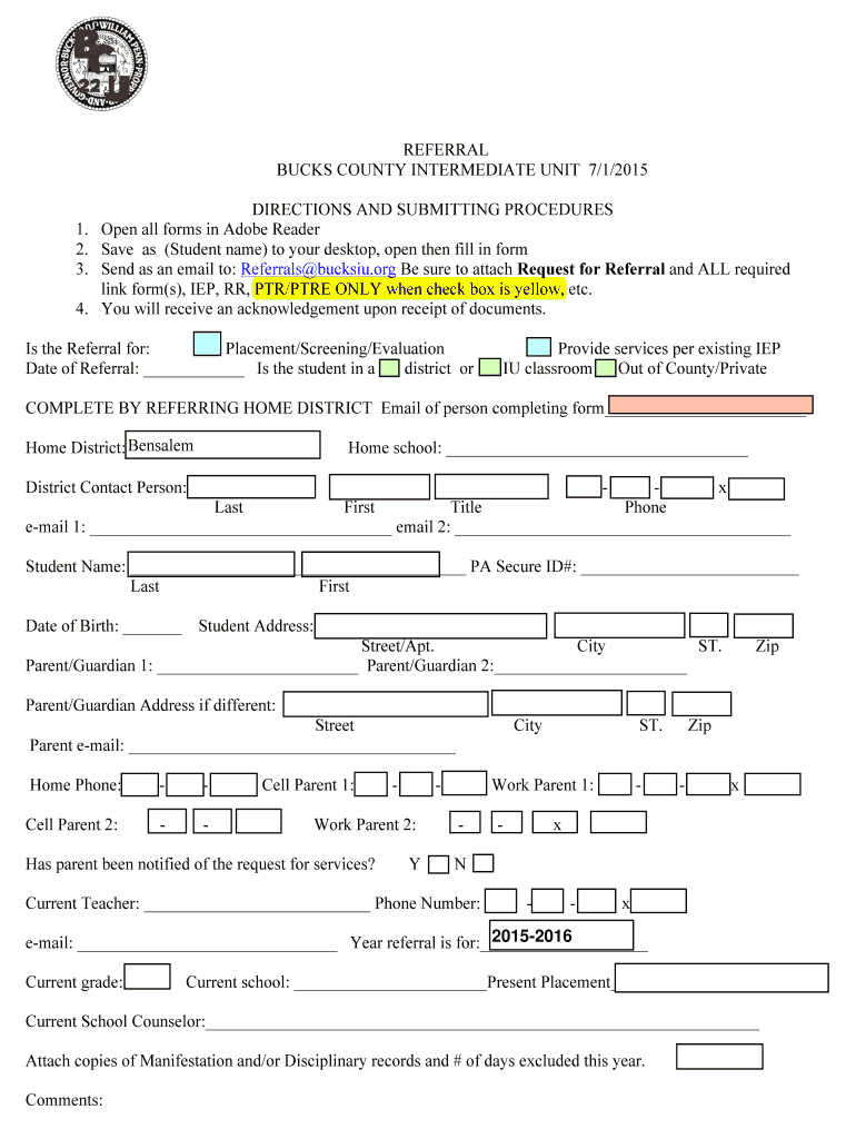 Fillable Online bucksiu Main Student Referral - Bucks County ...