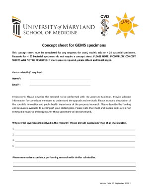 Fillable Online medschool umaryland Concept sheet for GEMS specimens ...