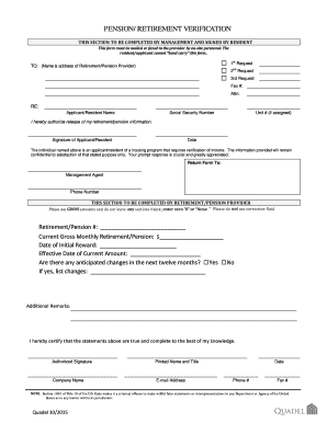 Fillable Online PENSIONRETIREMENT VERIFICATION - Quadel Consulting Fax ...