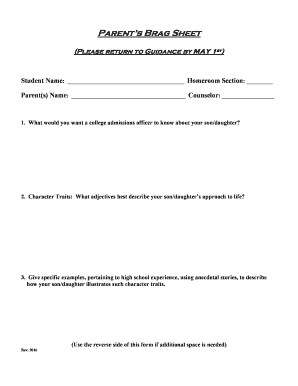 Fillable Online immaculatahighschool Parents Brag Sheet ...