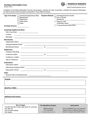 Fillable Online vpr tamu Purchase Information Form - vprtamuedu Fax ...