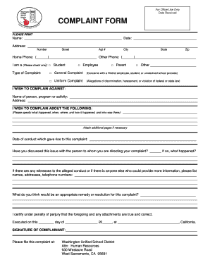 Fillable Online COMPLAINT FORM - WUSD Fax Email Print - pdfFiller