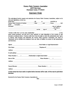 Fillable Online INTERMENT ORDER.doc Fax Email Print - pdfFiller