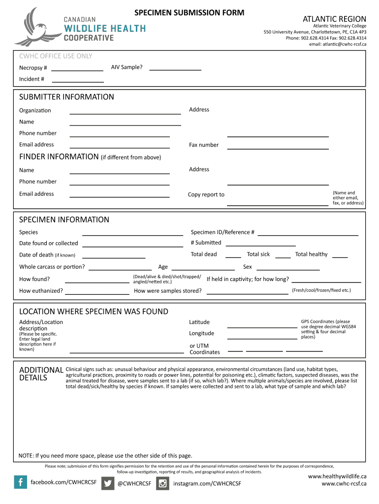 Fillable Online cwhc-rcsf SPECIMEN SUBMISSION FORM ATLANTIC REGION Fax Email Print - pdfFiller