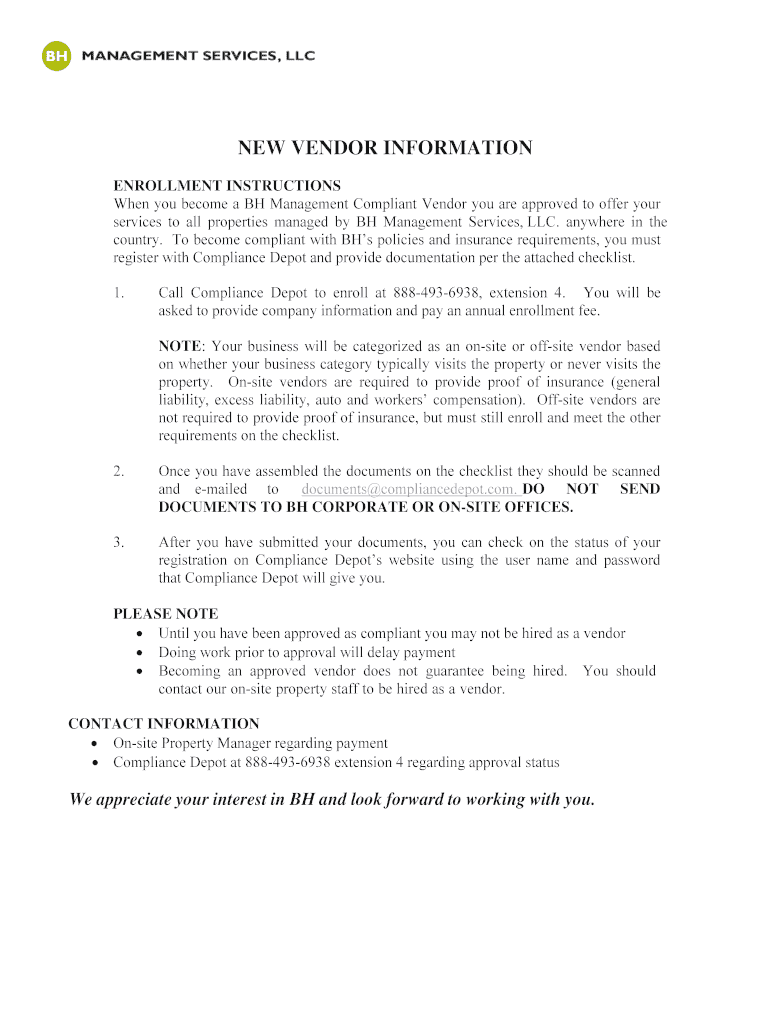 Fillable Online When you become a BH Management Compliant Vendor you ...