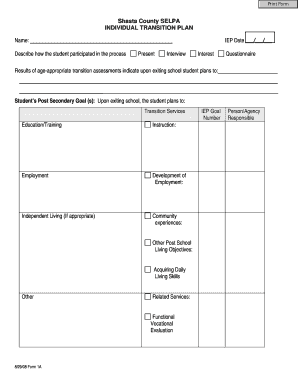 Fillable Online shastacoe Shasta County SELPA INDIVIDUAL TRANSITION ...