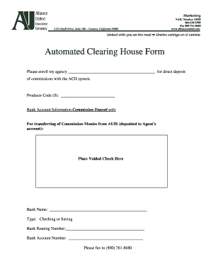 Fillable Online Automated Clearing House Form - Alliance United Fax ...