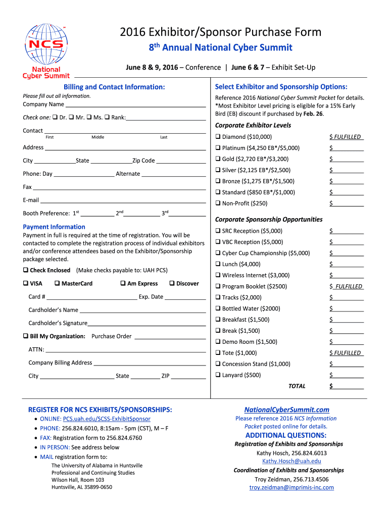 Fillable Online pcs uah 2016 ExhibitorSponsor Purchase Form - UAH Fax ...
