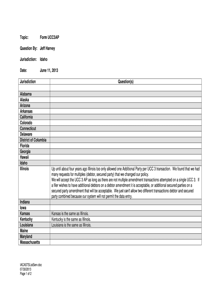 Fillable Online iaca Topic Form UCC3AP Question By Jeff Harvey ...