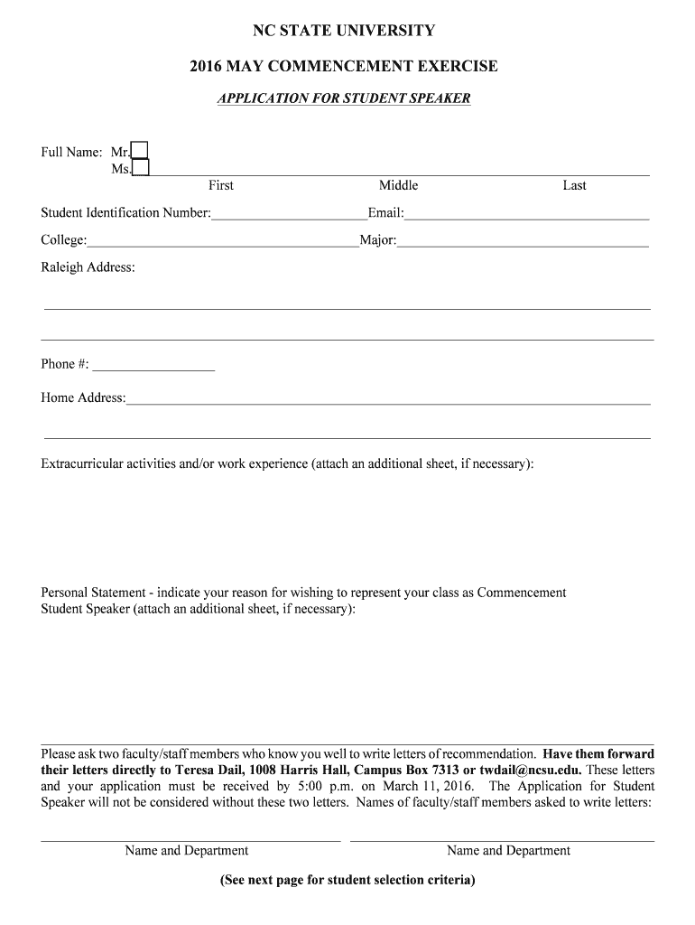Fillable Online registrar ncsu application for student speakerfall 2014 ...