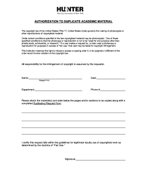 Fillable Online hr hunter cuny AUTHORIZATION TO DUPLICATE ACADEMIC ...