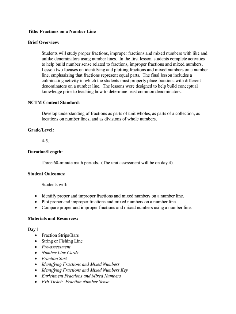 Fillable Online Nsa Title Fractions On A Number Line Brief Overview