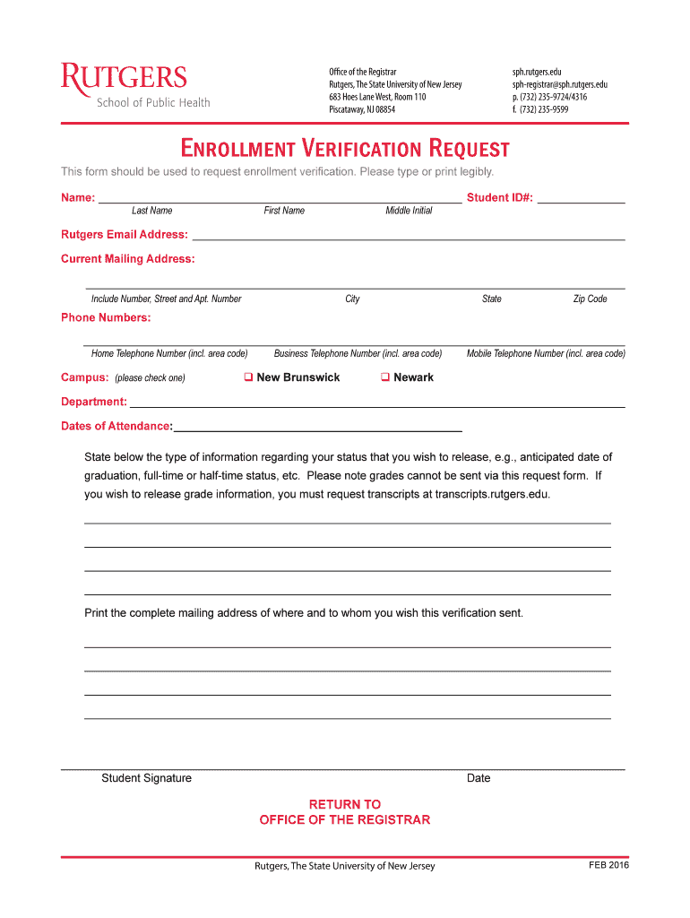 Fillable Online sph rutgers Enrollment Verification Request - Rutgers ...