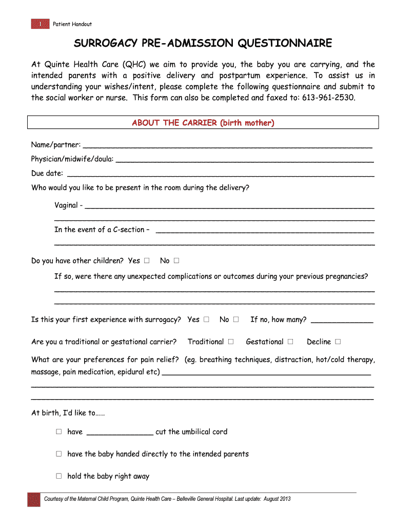 Fillable Online qhc on SURROGACY PRE-ADMISSION QUESTIONNAIRE - qhc on ...