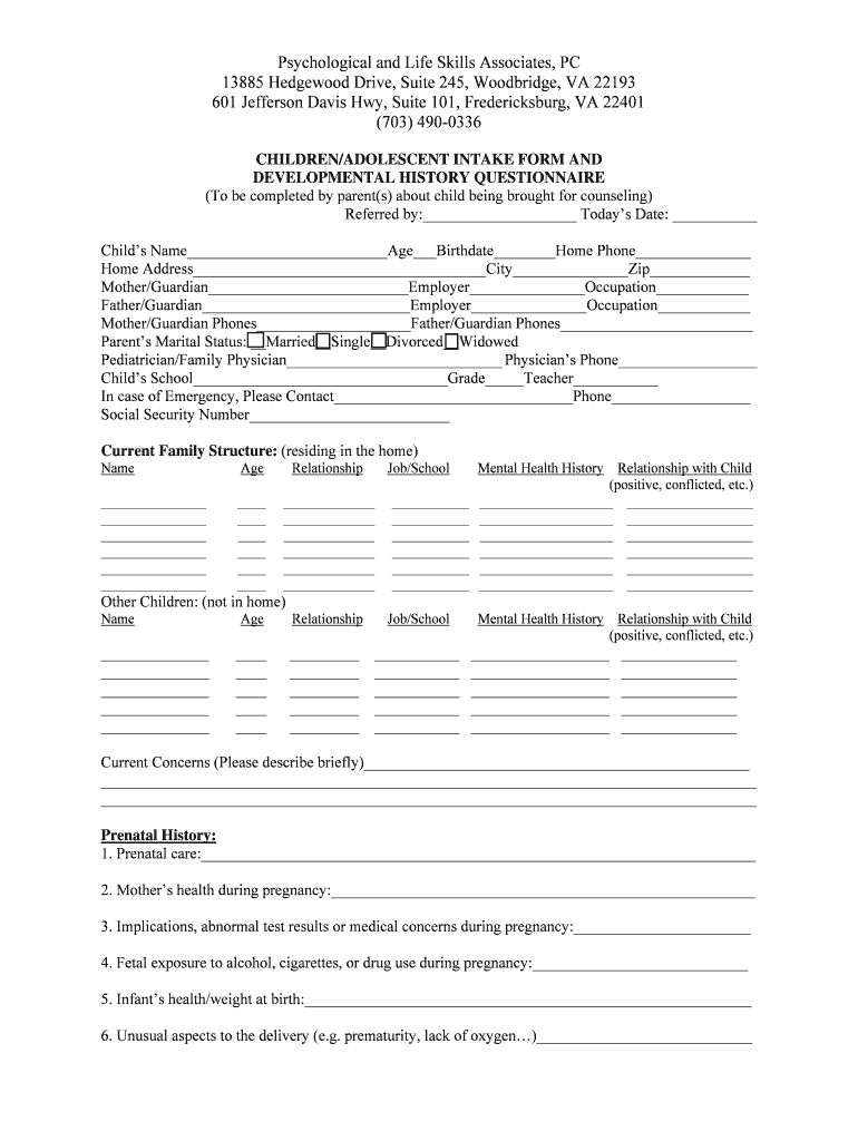 Fillable Online Child Intake Forms - Psychlife Fax Email Print - pdfFiller