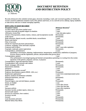 Fillable Online regionalfoodbank DOCUMENT RETENTION AND DESTRUCTION ...