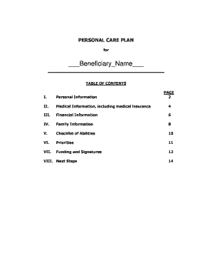 Fillable Online planofct PERSONAL CARE PLAN - planofctorg Fax Email ...