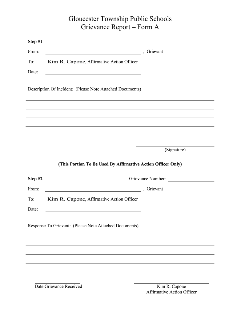 Fillable Online gloucestertownshipschools Gloucester Township Public Schools Grievance Report ...