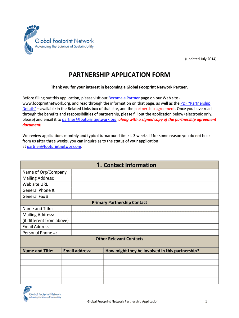 Fillable Online footprintnetwork (updated July 2014) PARTNERSHIP ...
