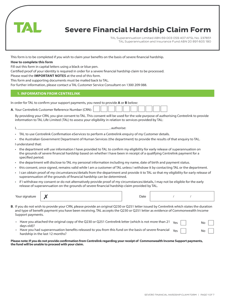 Fillable Online Severe Financial Hardship Claim Form TAL Superannuation ...