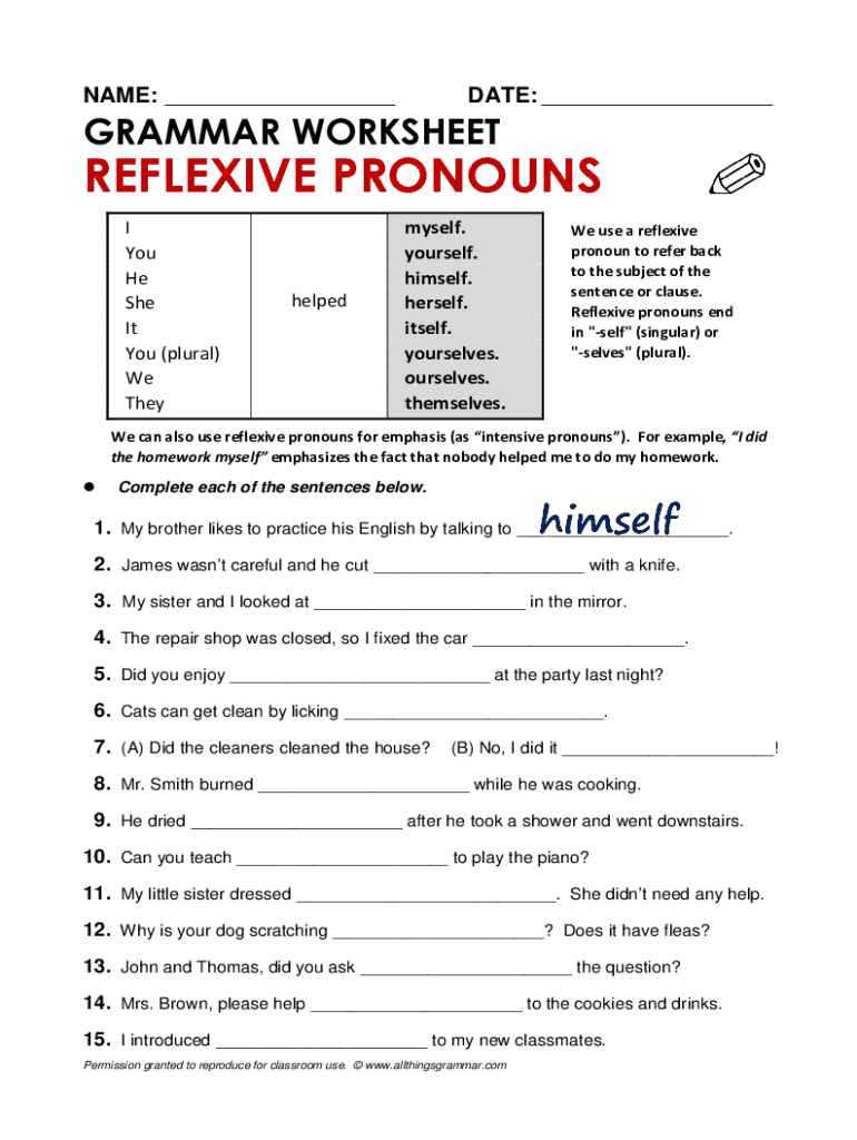 Reflexive Pronouns Worksheets Pdf - Fill Online, Printable, Fillable ...