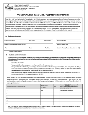 Fillable Online V5 DEPENDENT 20162017 Aggregate Worksheet Fax Email Print - pdfFiller