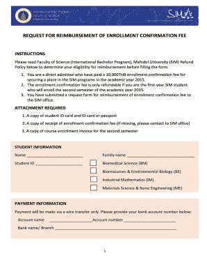 Fillable Online sc mahidol ac Request for reimbursement of enrollment ...