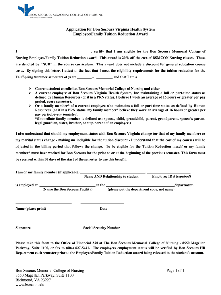 Fillable Online bsmcon Application for Bon Secours Virginia Health ...