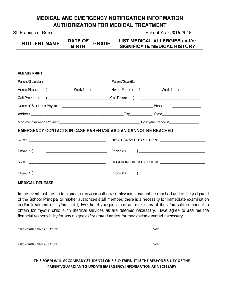 Fillable Online sfr-school Medical And Emergency Notification15-16 ...
