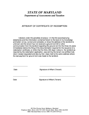 Fillable Online dat state md AFFIDAVIT of Certificate of Redemption ...
