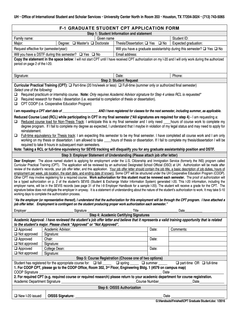 Fillable Online uh GRADUATE STUDENT CPT COOP APPPLICATION bFORMb Fax Email Print - pdfFiller