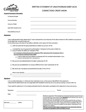 Fillable Online cuconnect BACH Unauthorizedb Debit - Connections Credit ...