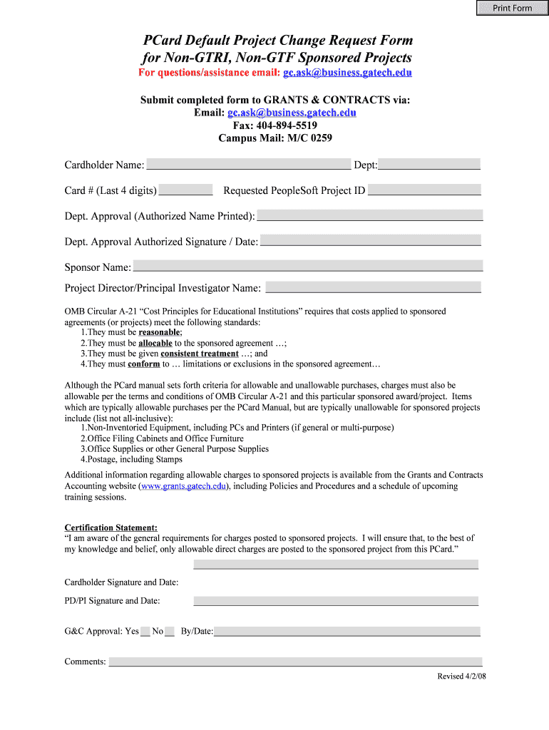 Fillable Online procurement gatech PCard Default Project Change Request Form for Non-GTRI Fax ...