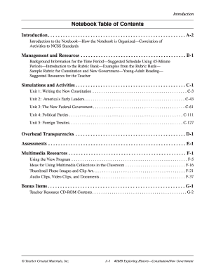 Fillable Online Notebook Table of Contents - teachercreatedmaterialscom ...