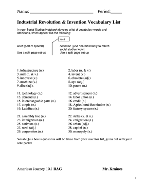 Fillable Online Industrial Revolution Invention Vocabulary List Fax ...